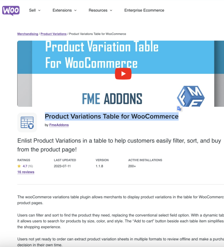 Product Variations Table For WooCommerce
